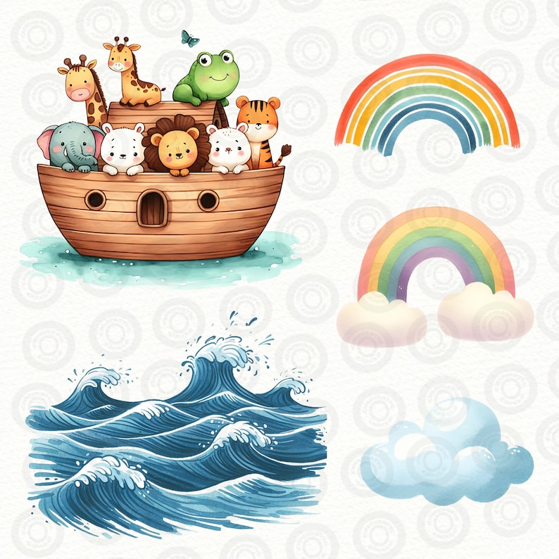 Noah's Ark Clipart Bundle, Cute Baby Animals PNG, Bible Watercolor ...