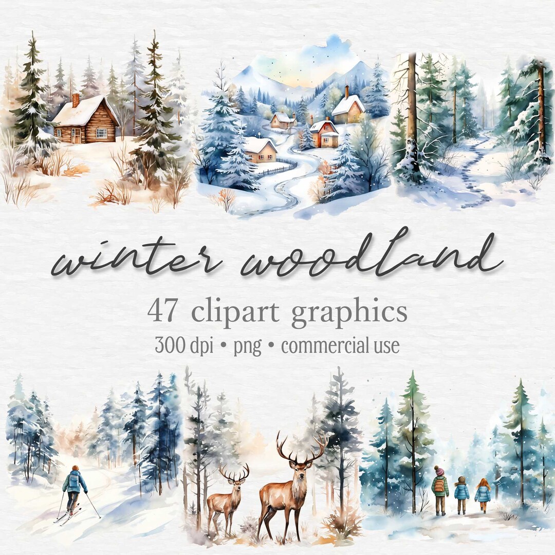 Watercolor Winter Woodland Landscape Clipart Bundle, Winter Forest PNG ...