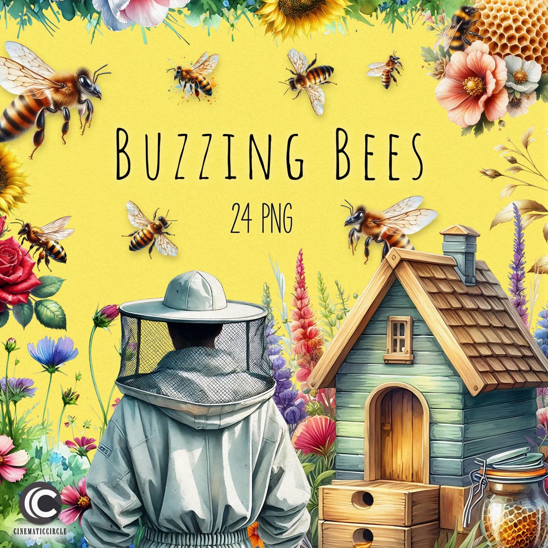 Buzzing Bees Clipart Bundle, Honey Bee PNG, Watercolor Honeycomb Drips ...