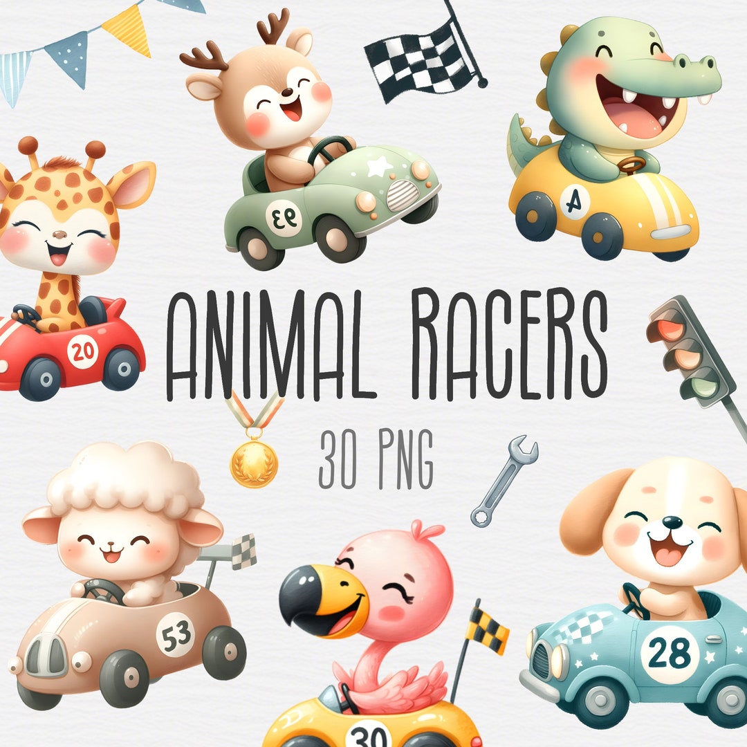 Animal Racer Clipart Bundle, Race Car PNG, Racing Clip Art, Kids ...