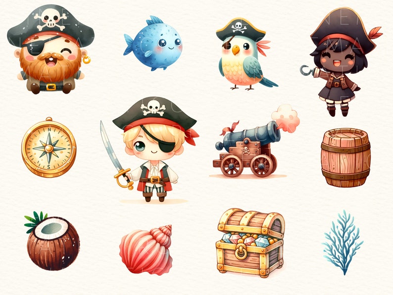 Pirate Adventure Clipart Bundle, Cute Pirates PNG, Pirate Ship, Ocean ...