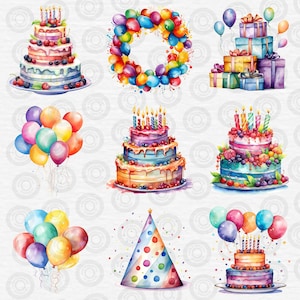 Watercolor Happy Birthday Clipart Set, Birthday Party PNG SVG, Balloons ...