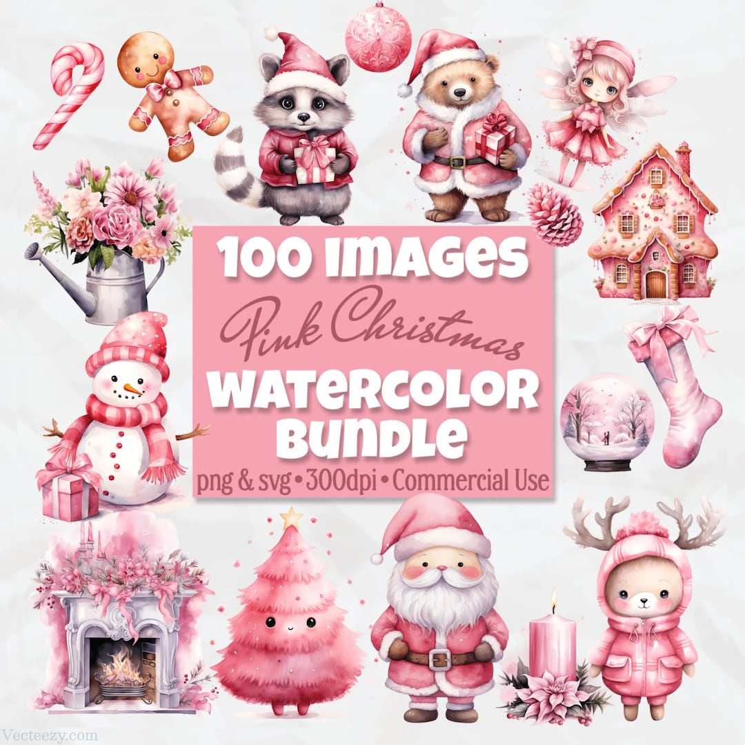 Pink Christmas Watercolor Clipart Bundle, PNG & SVG, Cute Reindeer Baby ...