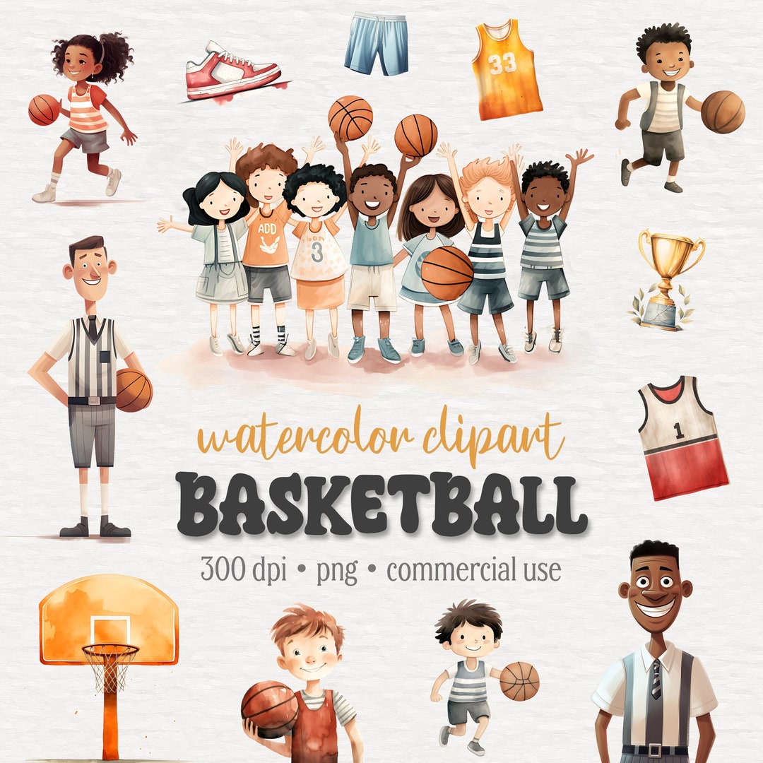 Watercolor Basketball Clipart Bundle, Cute Kids Playing Basketball ...