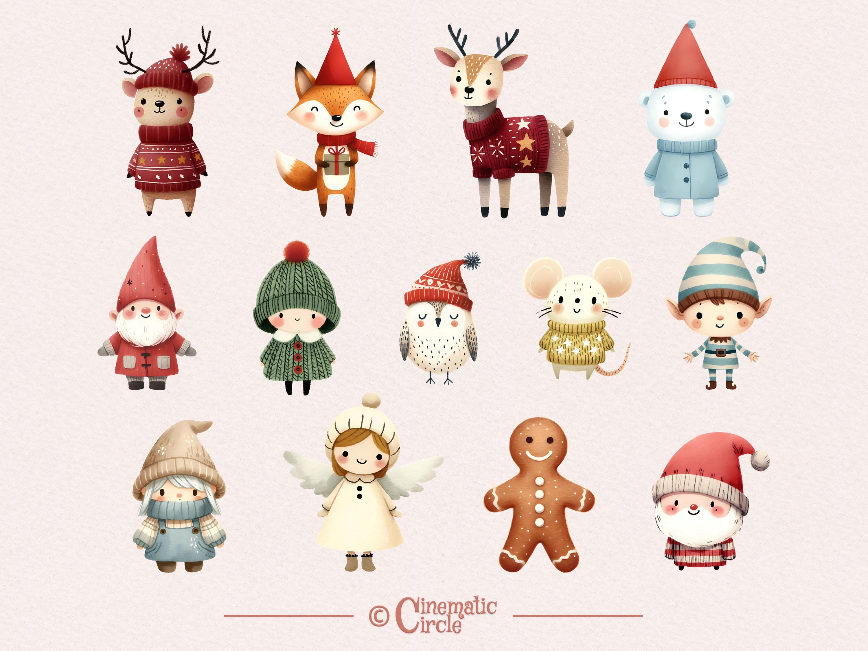 Sweet Christmas Characters Clipart Bundle, Santa PNG, Watercolor Xmas ...