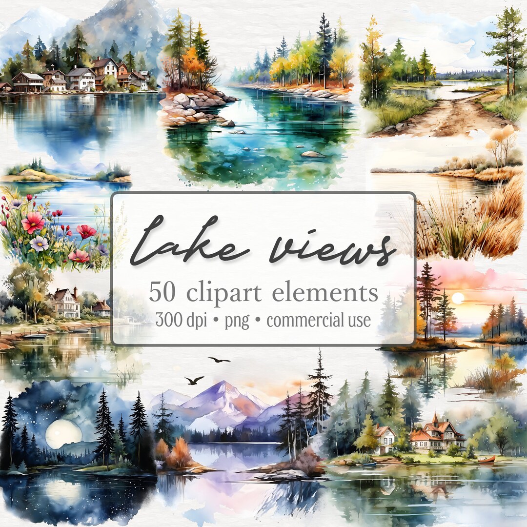 Watercolor Lake View Clipart Bundle, Enchanted Lake PNG, Landscape ...