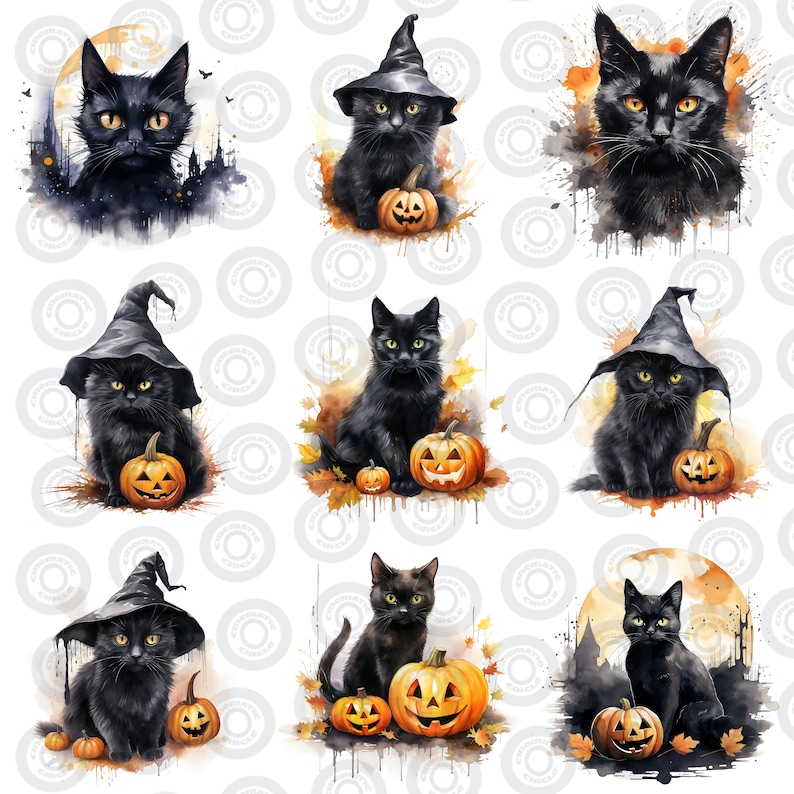 Halloween Black Cat Clipart PNG and SVG Watercolor Cat With - Etsy