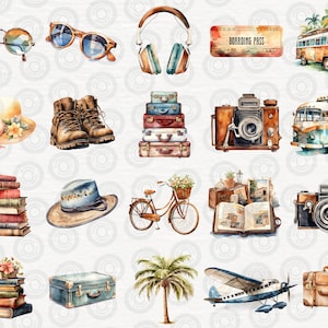84 Vintage Travel Clipart Bundle, Summer Travel PNG, Watercolor ...