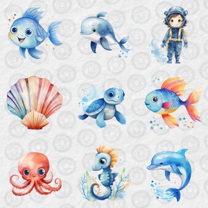 Cute Undersea Watercolor Clipart Bundle, Ocean Baby Animals, Seahorse ...