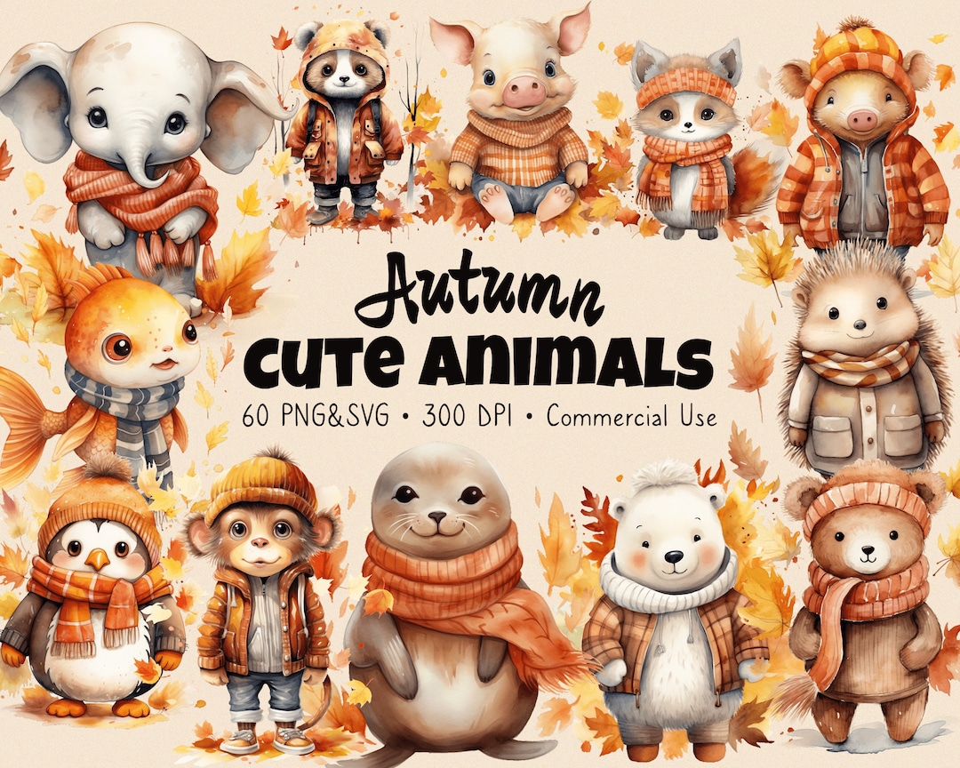 Autumn Cute Baby Animals Clipart, Watercolor Clipart, Fall Season ...