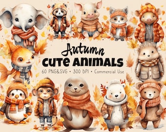 100 Watercolor Fall Clipart Bundle Cute Baby Fall Animals - Etsy