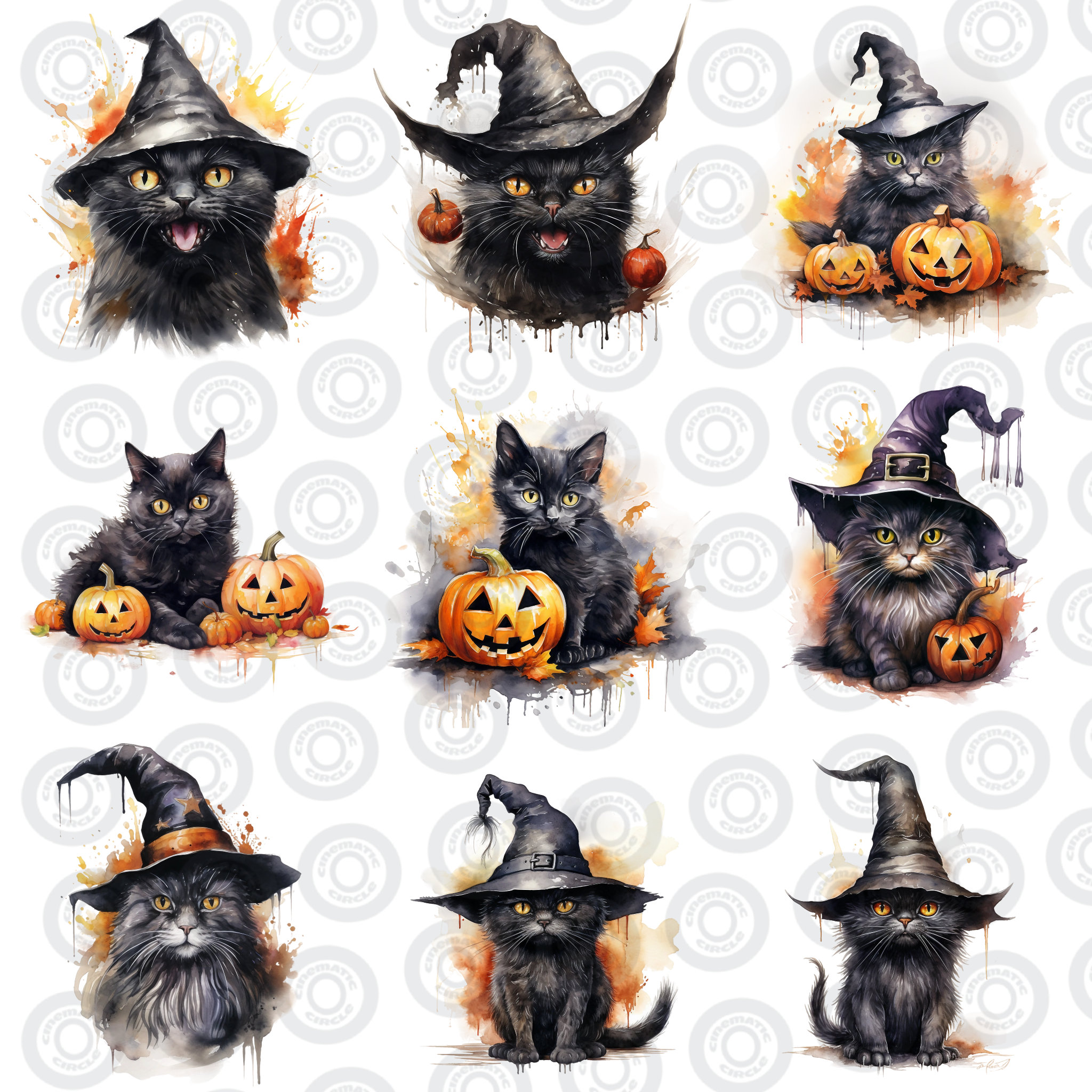Halloween Black Cat Clipart, PNG and SVG, Watercolor Cat With Hat ...