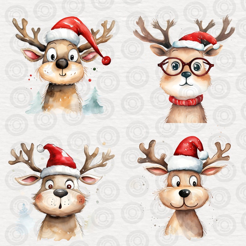 Funny Reindeer Clipart Bundle, Cute Christmas Reindeer, Watercolor Baby ...