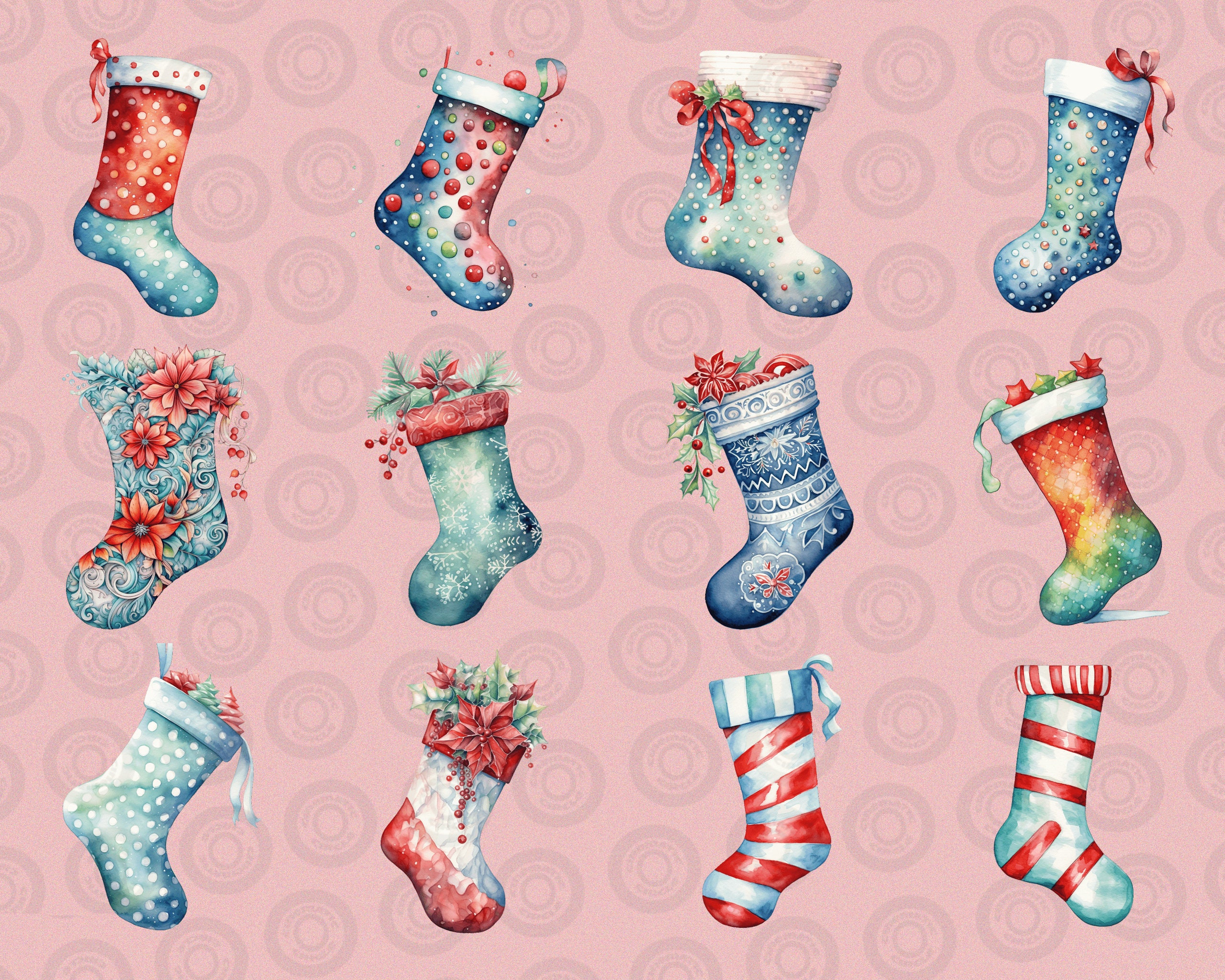 52 Christmas Stocking Clipart, Watercolor Clipart, Watercolor PNG ...