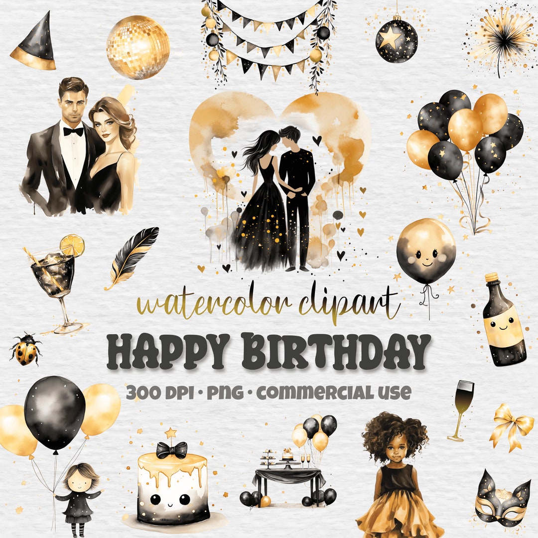 Birthday Party PNG Clipart Bundle, Black&gold Watercolor Clipart, Cake ...