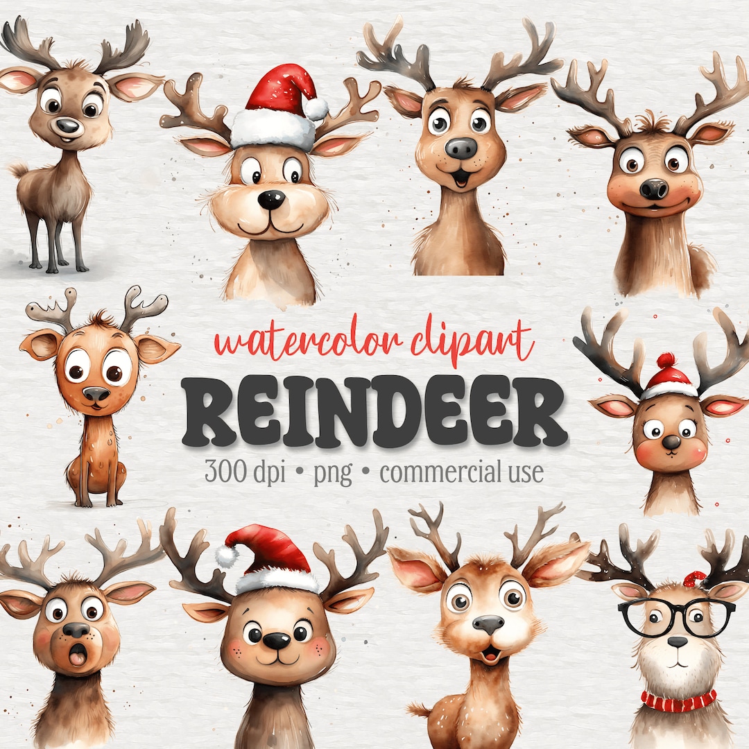 Funny Reindeer Clipart Bundle, Cute Christmas Reindeer, Watercolor Baby ...