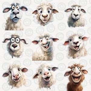Funny and Crazy Sheep Clipart Bundle, Sheep PNG, Watercolor Cute Farm ...