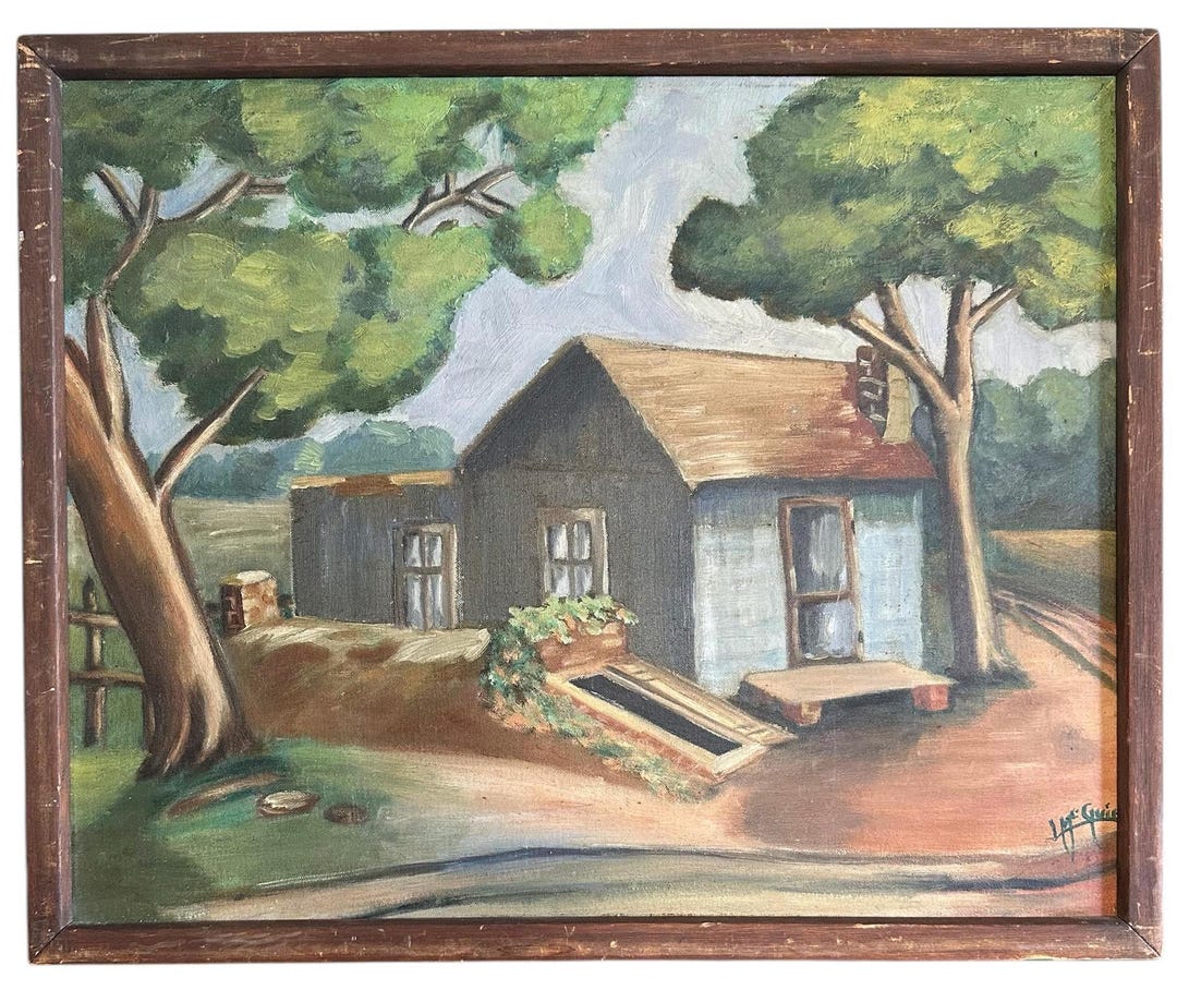 Folk Art Painting Root Cellar Storm Shelter Chimney Landscape Signed L ...