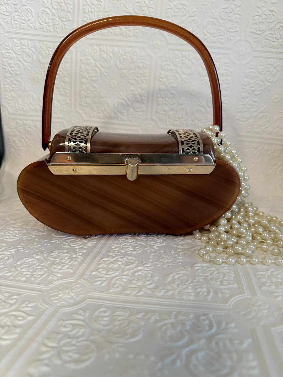 Vintage 50s Lucite Box Purse With Mirror Butterscotch Amber Oblong Oval ...