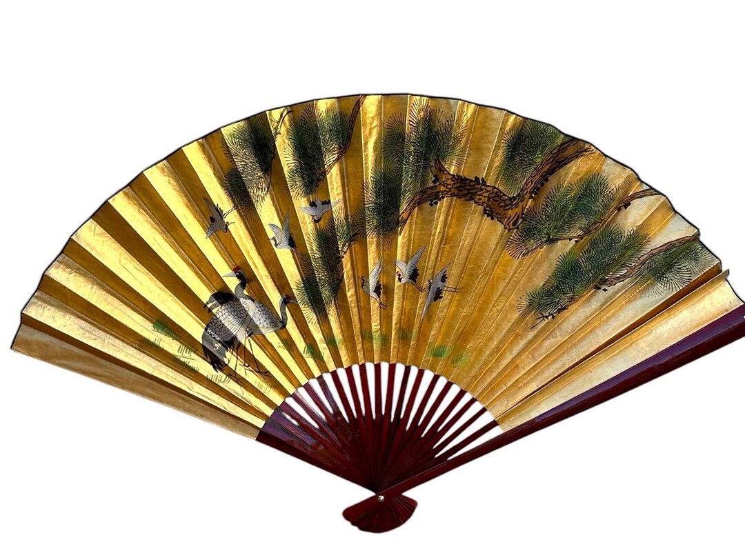 Hand Painted Fujian Fan: Cranes and Pine Trees on Gold Foil - Etsy
