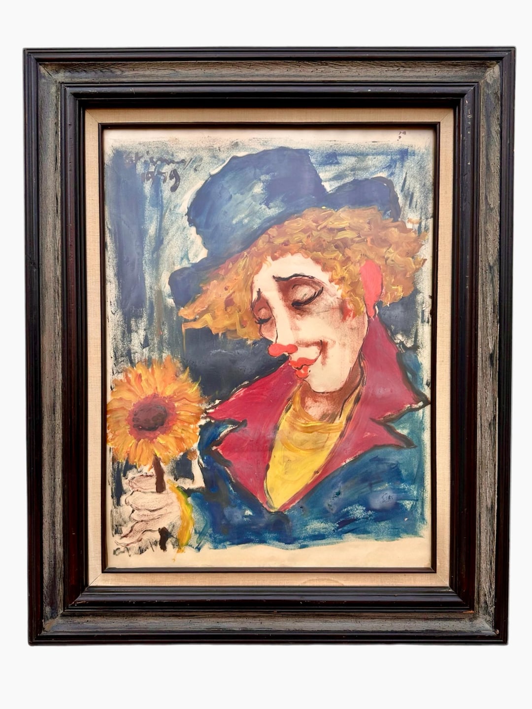 Original Art of Roger Etienne ‘79 Clown Holding a Sunflower, Acrylic on ...