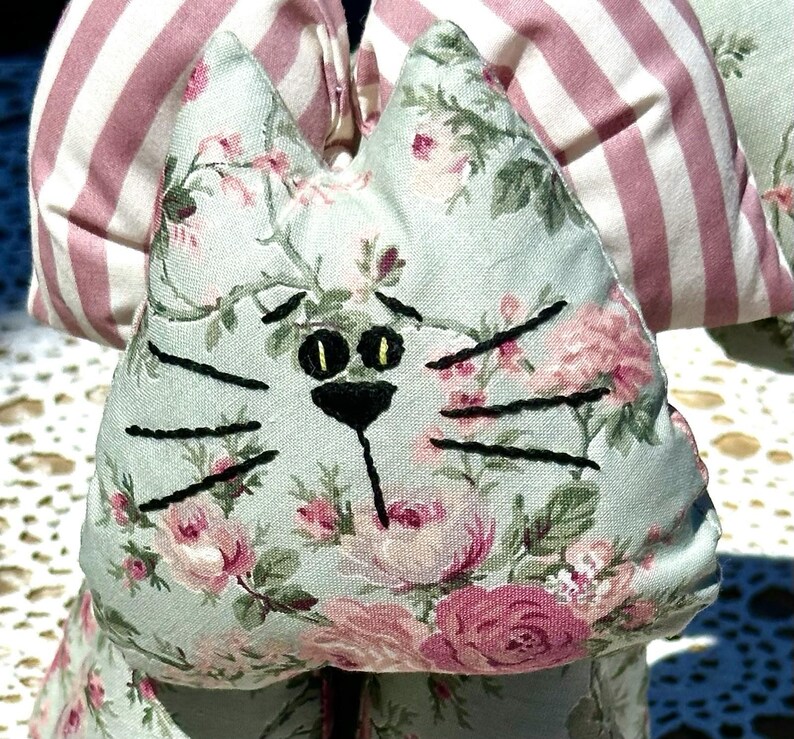 Floral Cat Fabric Plush Pink Stripe Bow Cottagecore Decor Soft ...
