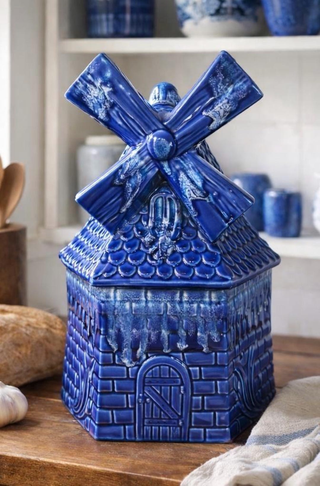 Blue Windmill Cookie Jar Drip Glaze Cobalt Ceramic Large Kitchen Decor ...