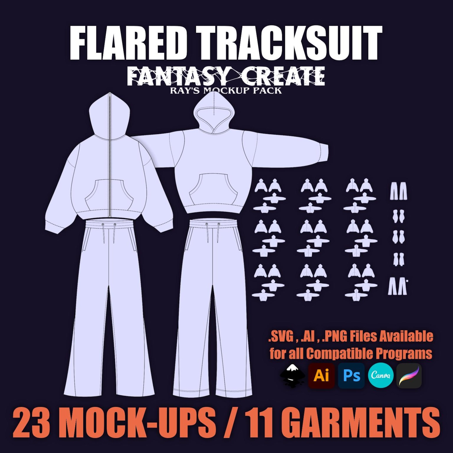 Flared Tracksuit Vector Mockup Vector Pack / 23 Mock-ups 11 Garments ...