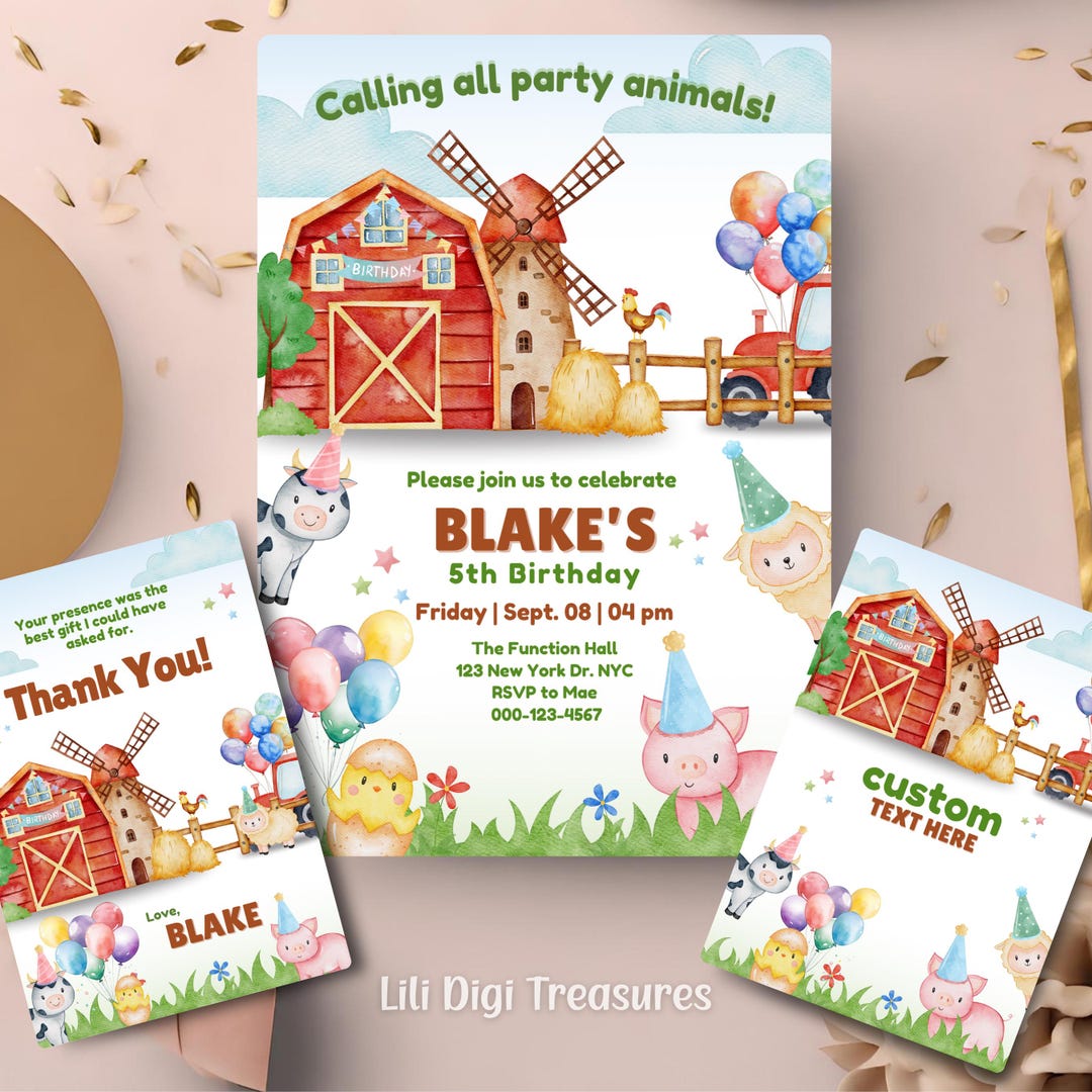 Editable FARM ANIMALS Birthday Invitation, Barn Animals Party Invite ...