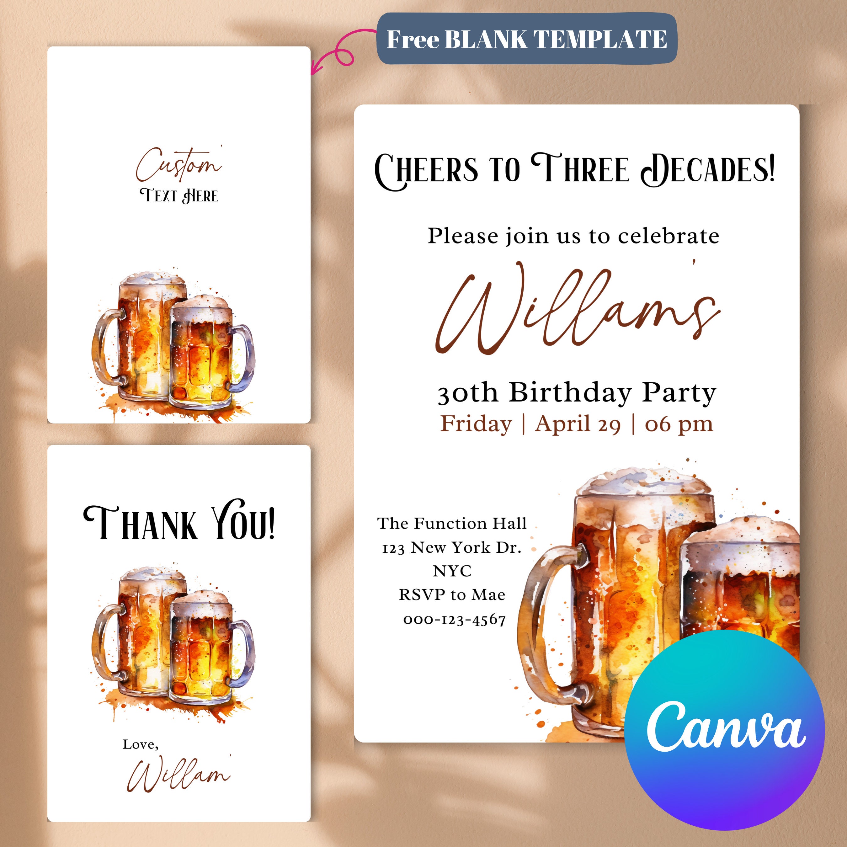 Editable SURPRISE BEER PARTY Invitation Beer Birthday Invitation 30th ...