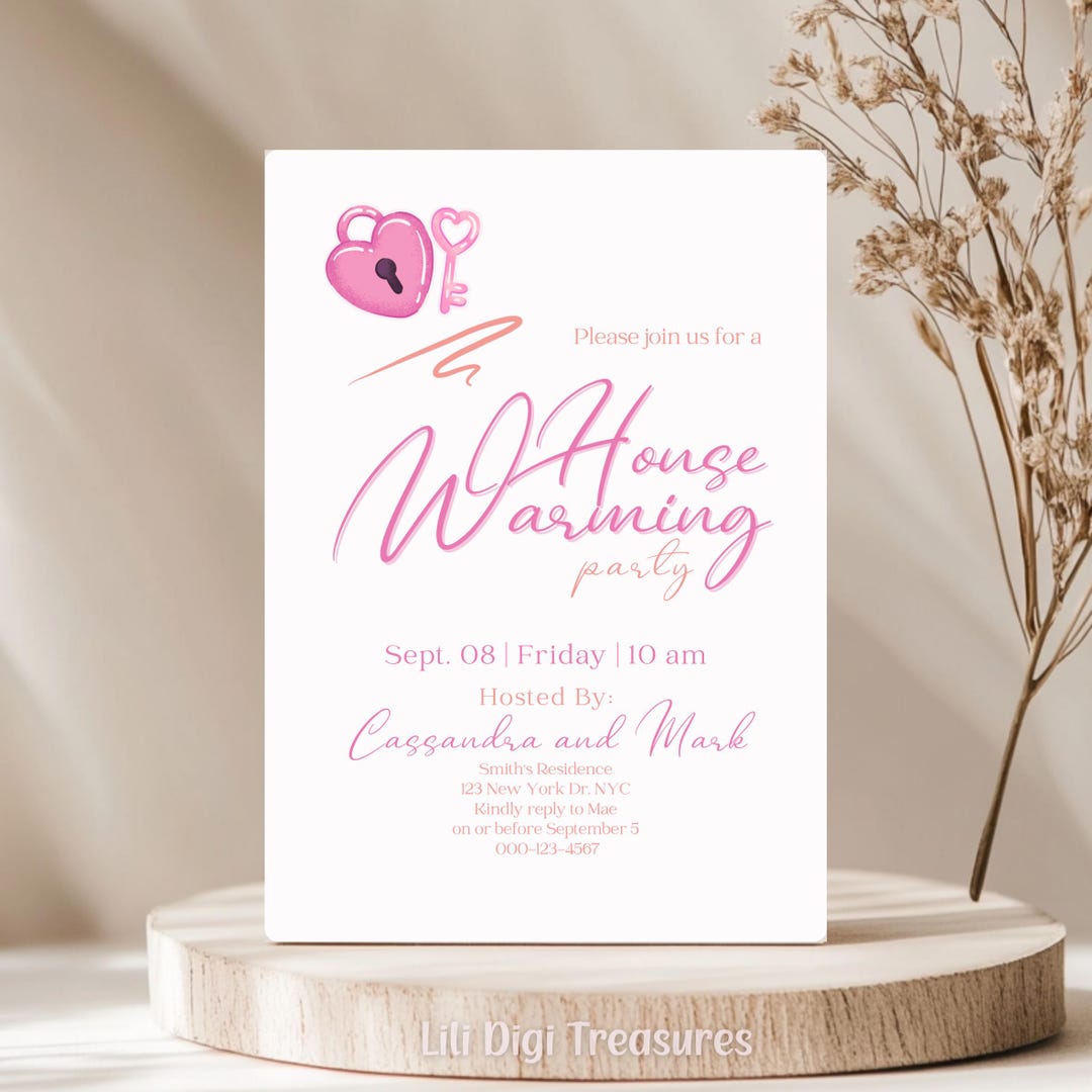 Editable HOUSE WARMING INVITATION, Watercolor Style Pink Simple House ...