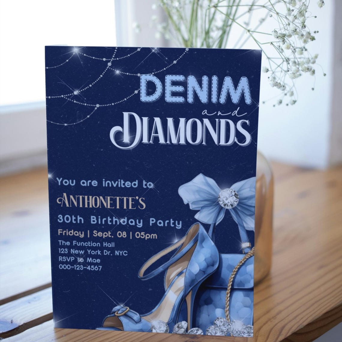 Editable DENIM and DIAMONDS Birthday Invitation, 21st 30th 40th ...
