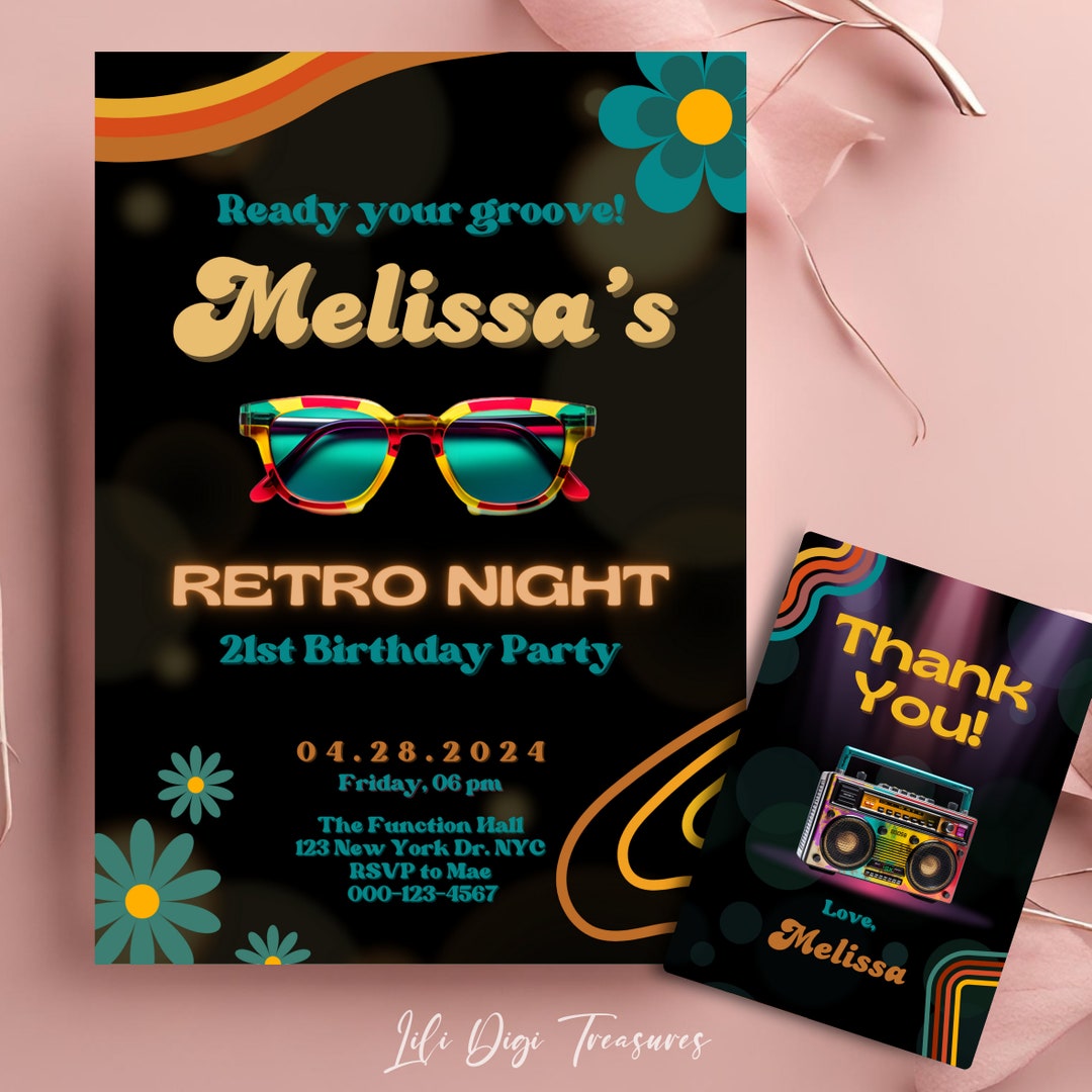 Editable RETRO NIGHT Birthday Invitation, Retro Party Invitation,groovy ...