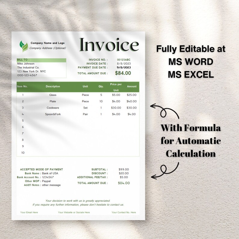 Invoice Template Minimalist Green Digital Invoice Microsoft - Etsy
