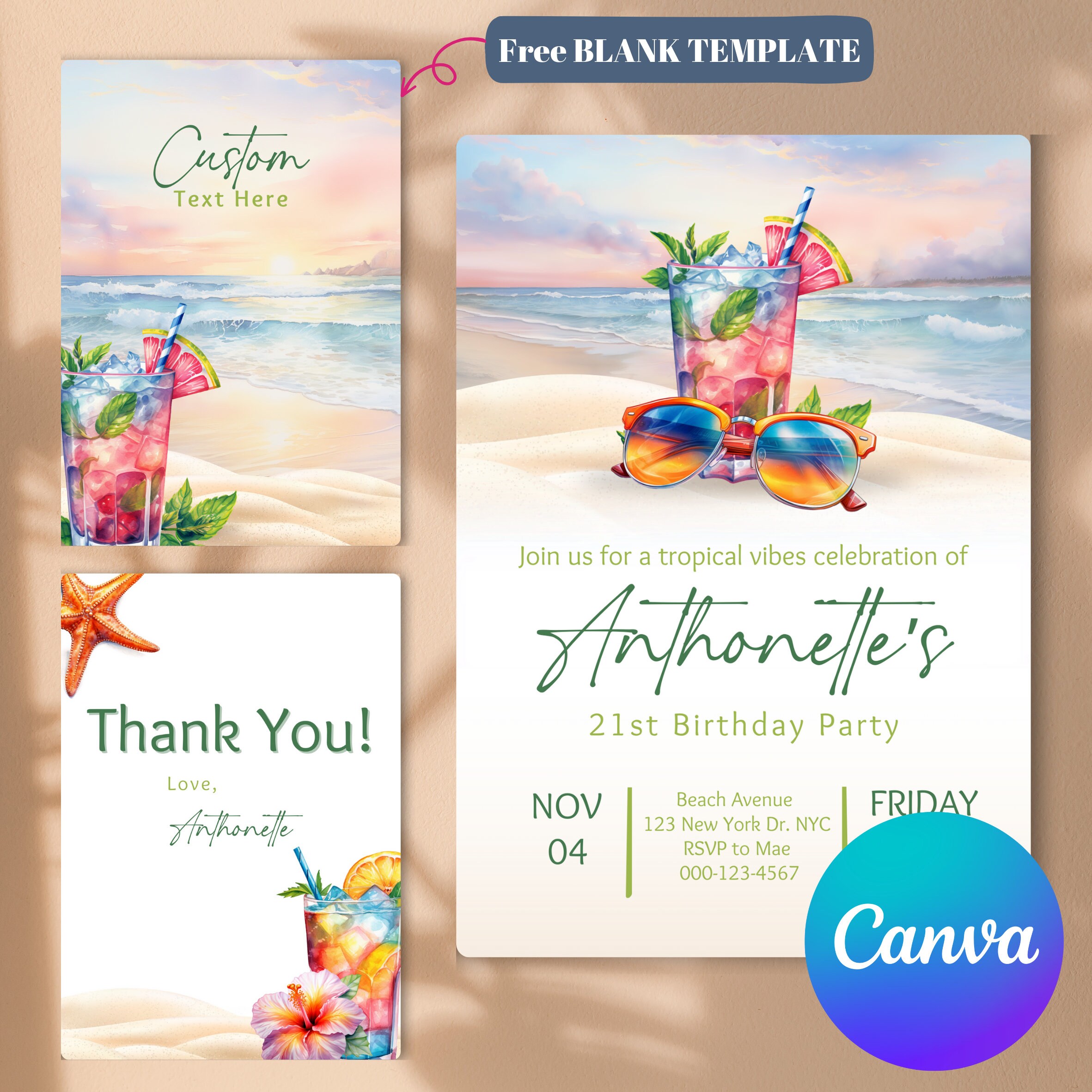 Editable BEACH BIRTHDAY Invitation, Beach Vibes Party Summer Beach ...
