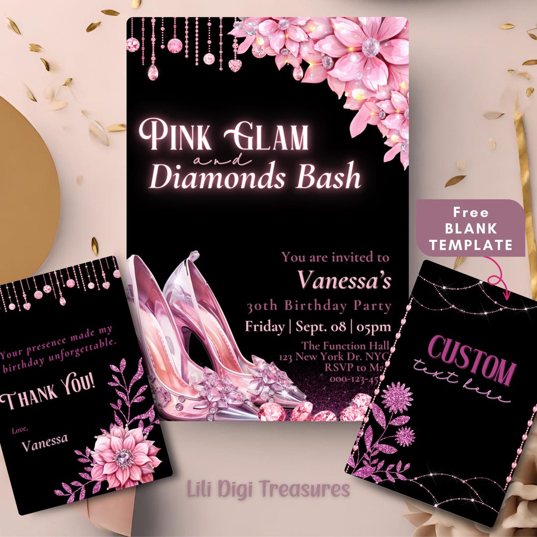 Editable PINK DIAMONDS Birthday Invitation Pink Debut Invitation Pink ...