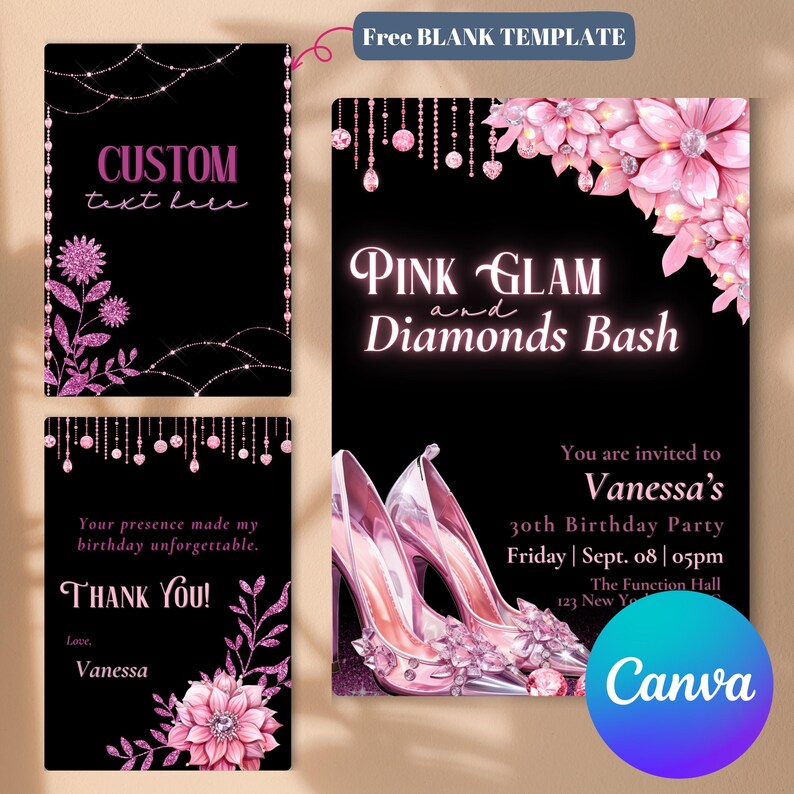 Editable PINK DIAMONDS Birthday Invitation Pink Debut Invitation Pink ...