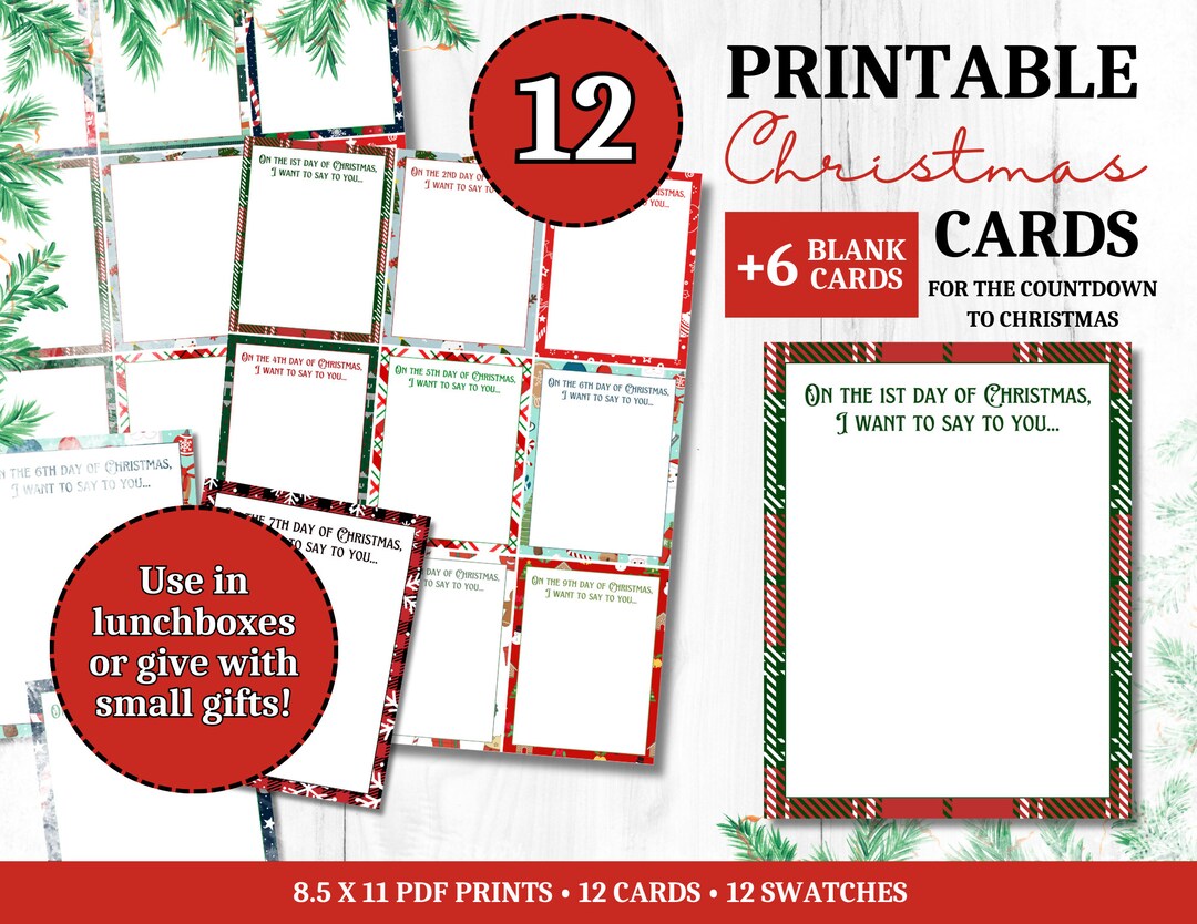 12 Printable Christmas Countdown Message Cards + 6 Blank Cards | 12 ...