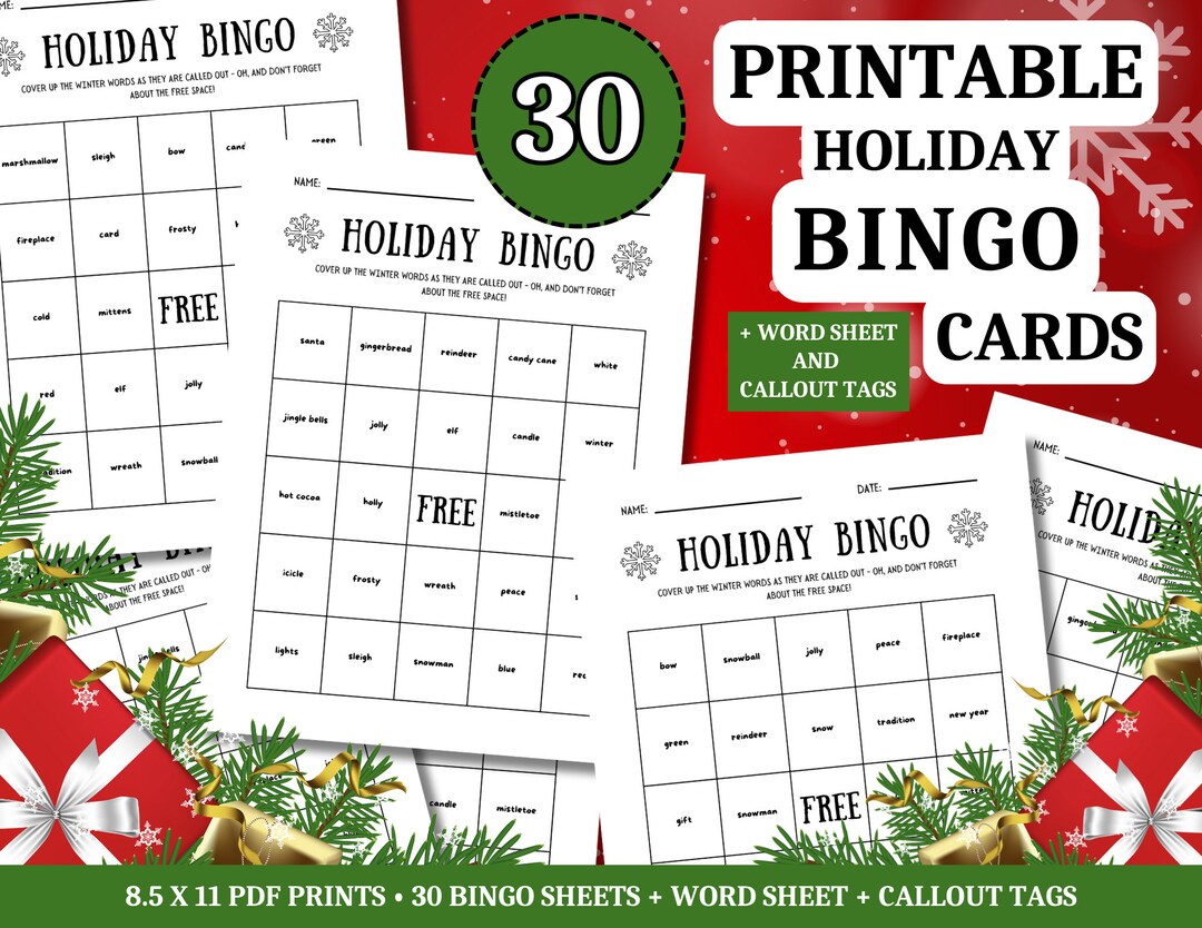 30 Printable Holiday Bingo Cards for Kids Word Sheet and Callout Tags ...