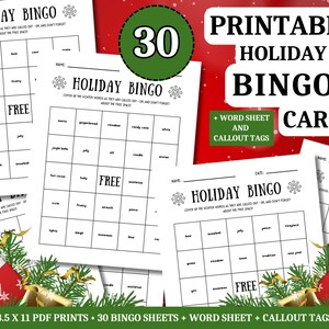 30 Printable Holiday Bingo Cards for Kids Word Sheet and Callout Tags ...