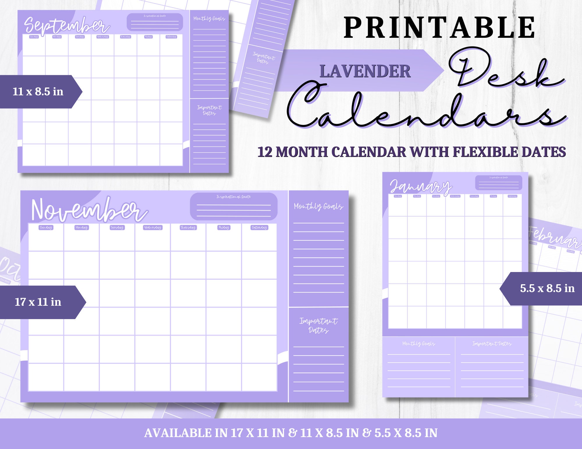 Printable Lavender Desk Calendars | Available in 17 X 11 In, 11 X 8.5 ...