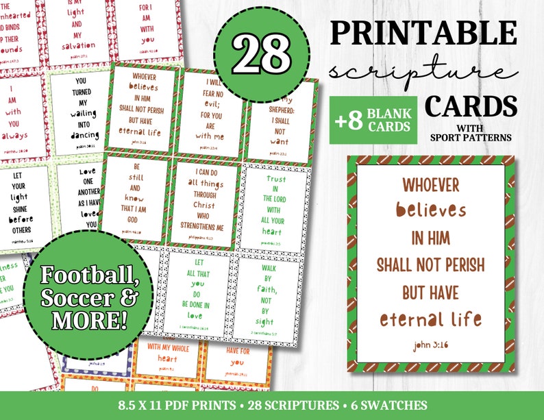 28 Printable Scripture Cards + 8 Blank Cards With Sport Patterns ...
