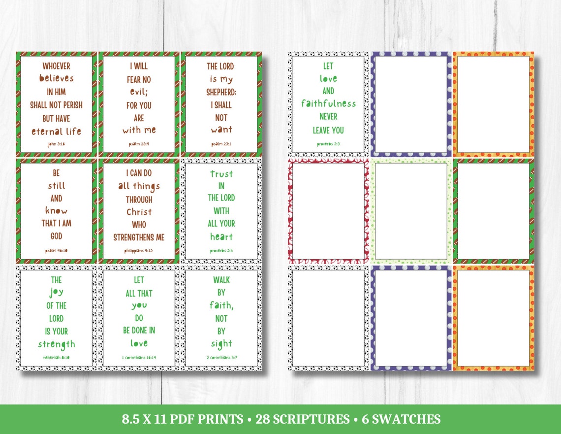 28 Printable Scripture Cards 8 Blank Cards With Sport Patterns Football, Soccer, Volleyball, and ...