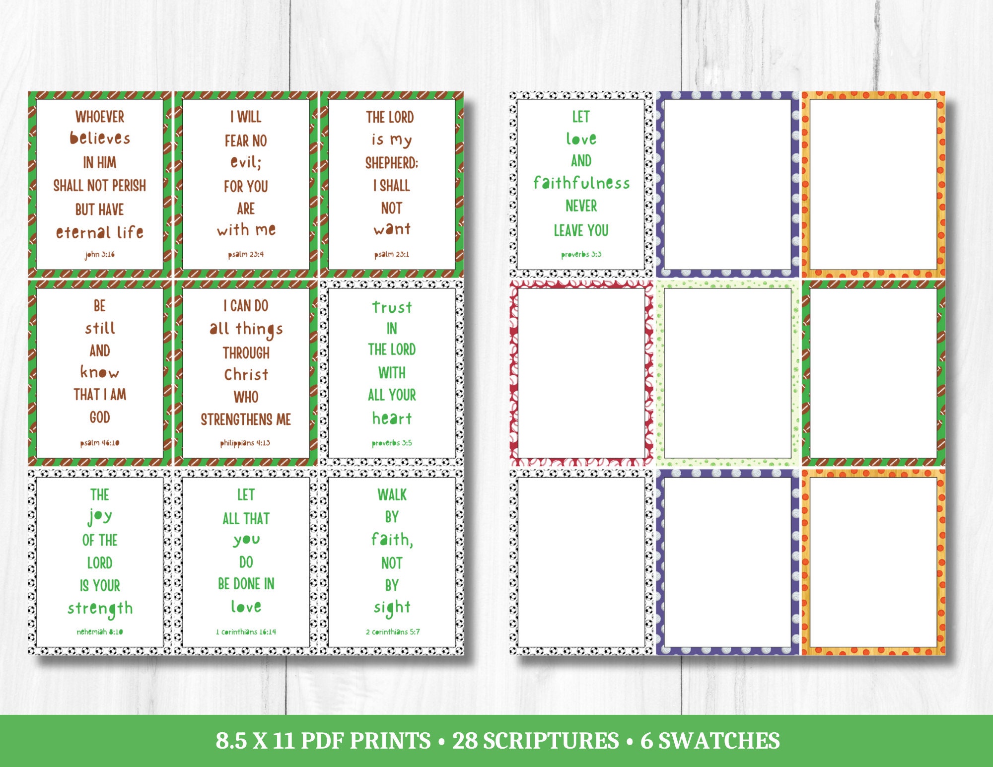 28 Printable Scripture Cards + 8 Blank Cards With Sport Patterns ...