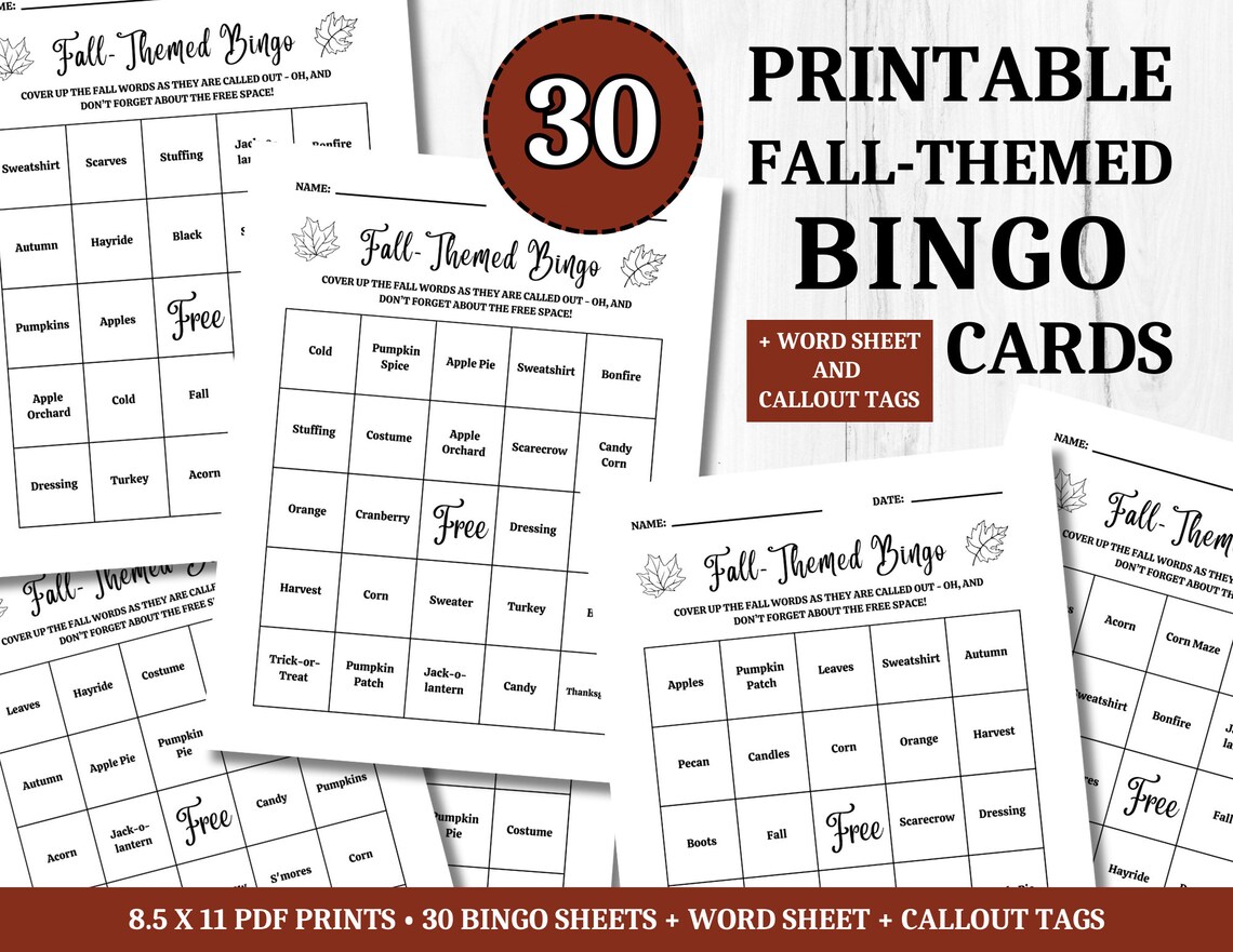 30 Printable Fall-themed Bingo Sheets for Kids Word Sheet and Callout ...