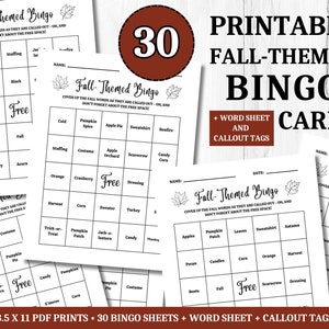 30 Printable Fall-themed Bingo Sheets for Kids Word Sheet and Callout ...