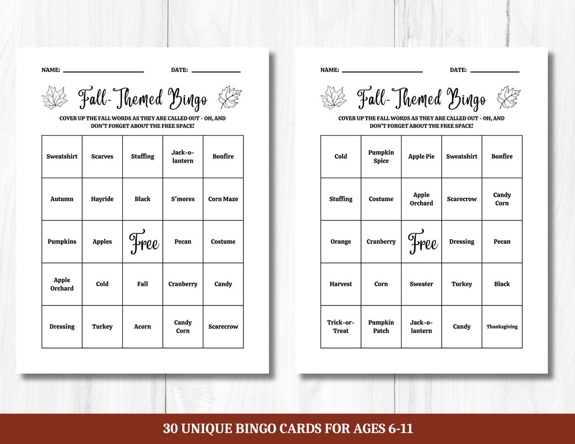 30 Printable Fall-themed Bingo Sheets for Kids Word Sheet and Callout ...