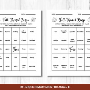 30 Printable Fall-themed Bingo Sheets for Kids Word Sheet and Callout ...