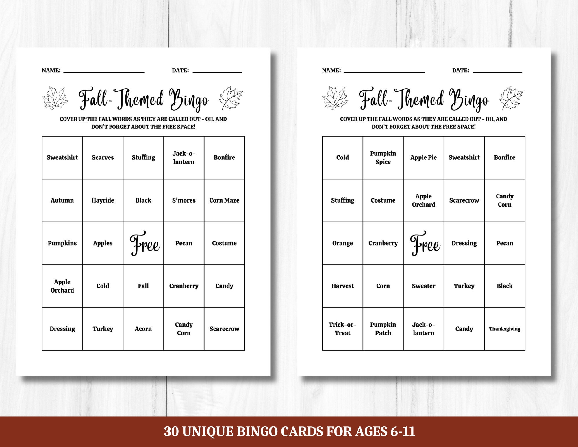 30 Printable Fall-themed Bingo Sheets for Kids Word Sheet and Callout ...