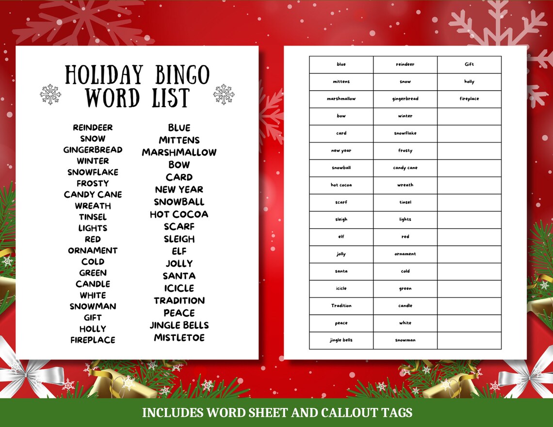 30 Printable Holiday Bingo Cards for Kids Word Sheet and Callout Tags ...